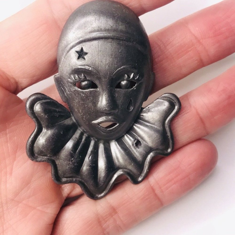 Vintage Clown Brooch Face Pewter Tone Pin Tear Star S… - Gem